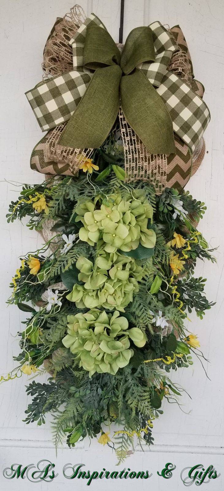 Green Hydrangea and Burlap Swag, Summer Decor, Spring Flowers, Door ...
