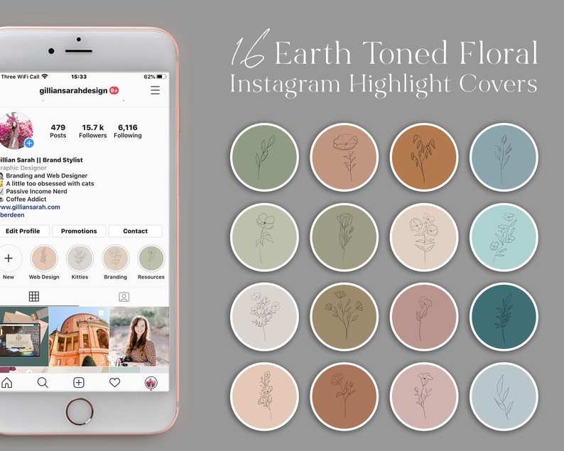 16 Earth Tone Floral Sketch Instagram Highlight Covers | Neutral ...