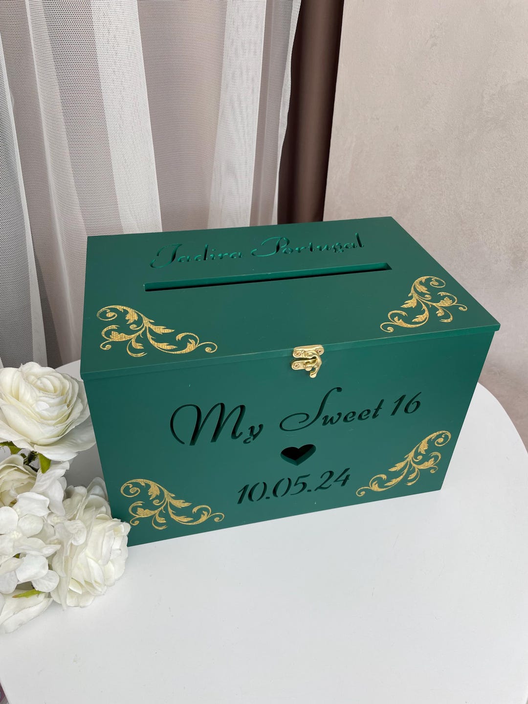 Personalised Quinceañera Emeral Green Card Box, Money Box, Rustic ...
