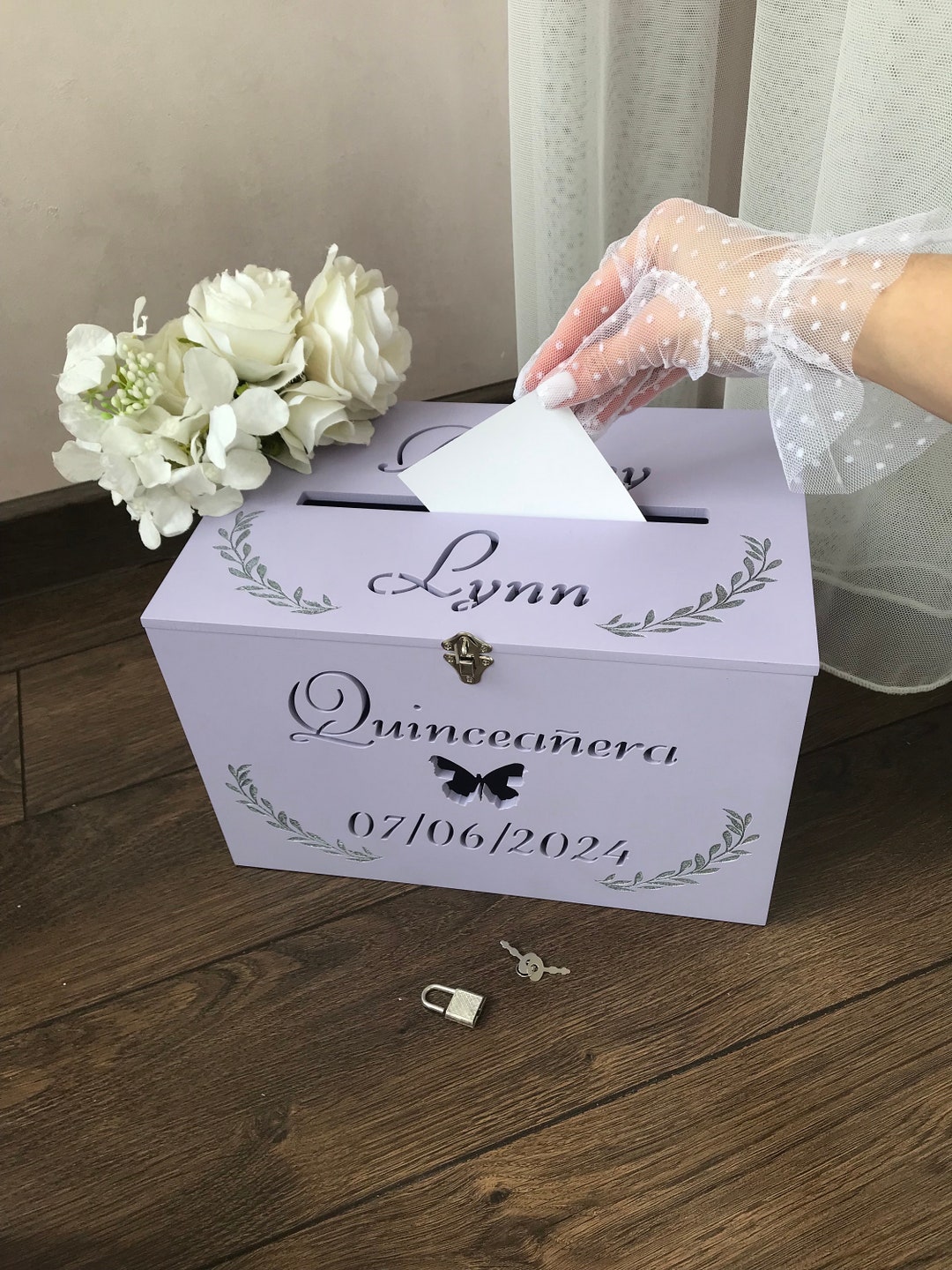 Personalised Quinceañera Lavender Card Box, Boho Post Box, Money Box ...