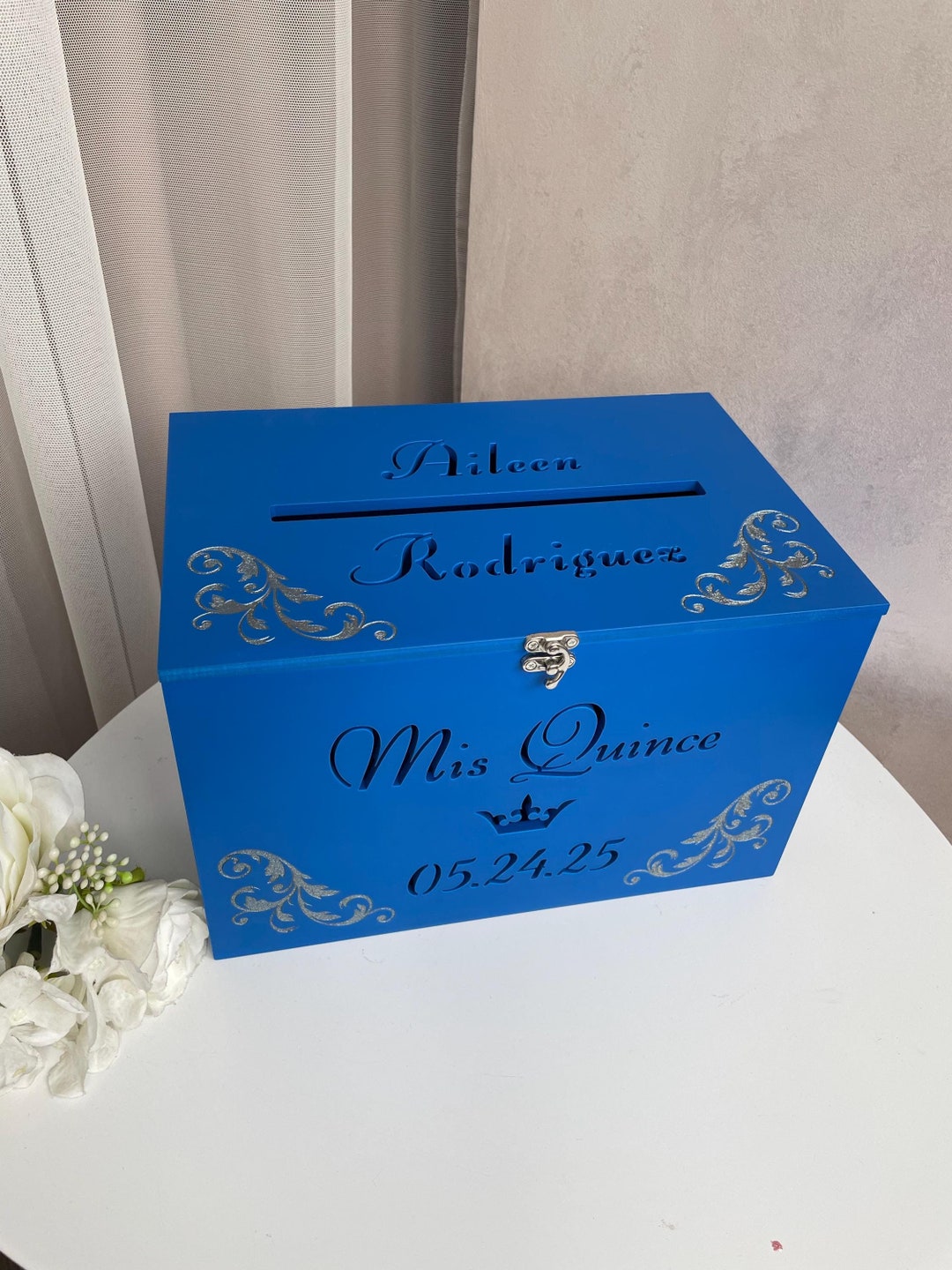 Personalised Quinceañera Royal Blue Card Box, Boho Post Box, Money Box ...