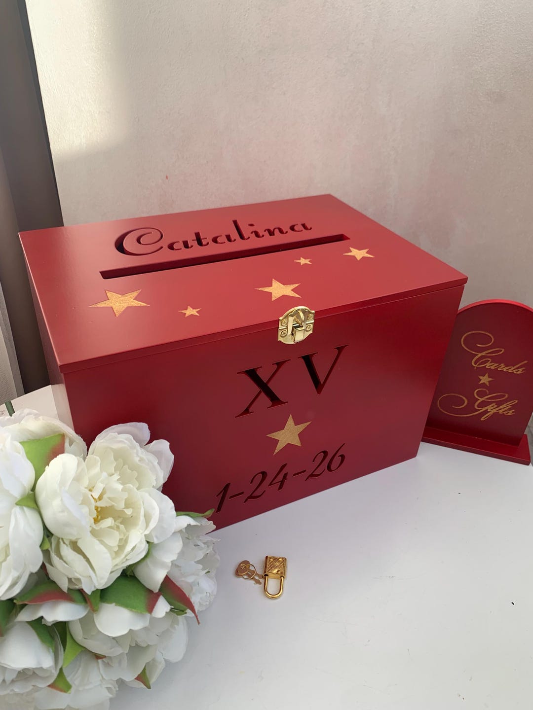 Personalised Quinceañera Red Card Box With Stars, Boho Post Box, Money ...