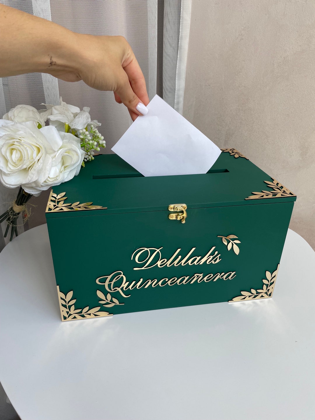 Green Personalized Card Box,wooden Memory Box, Quinceañera Money Box ...