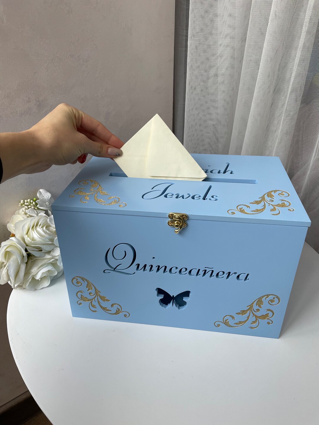 Personalised Quinceañera Blue Card Box, Boho Post Box, Money Box ...