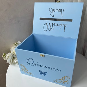 Personalised Quinceañera Blue Card Box, Boho Post Box, Money Box ...
