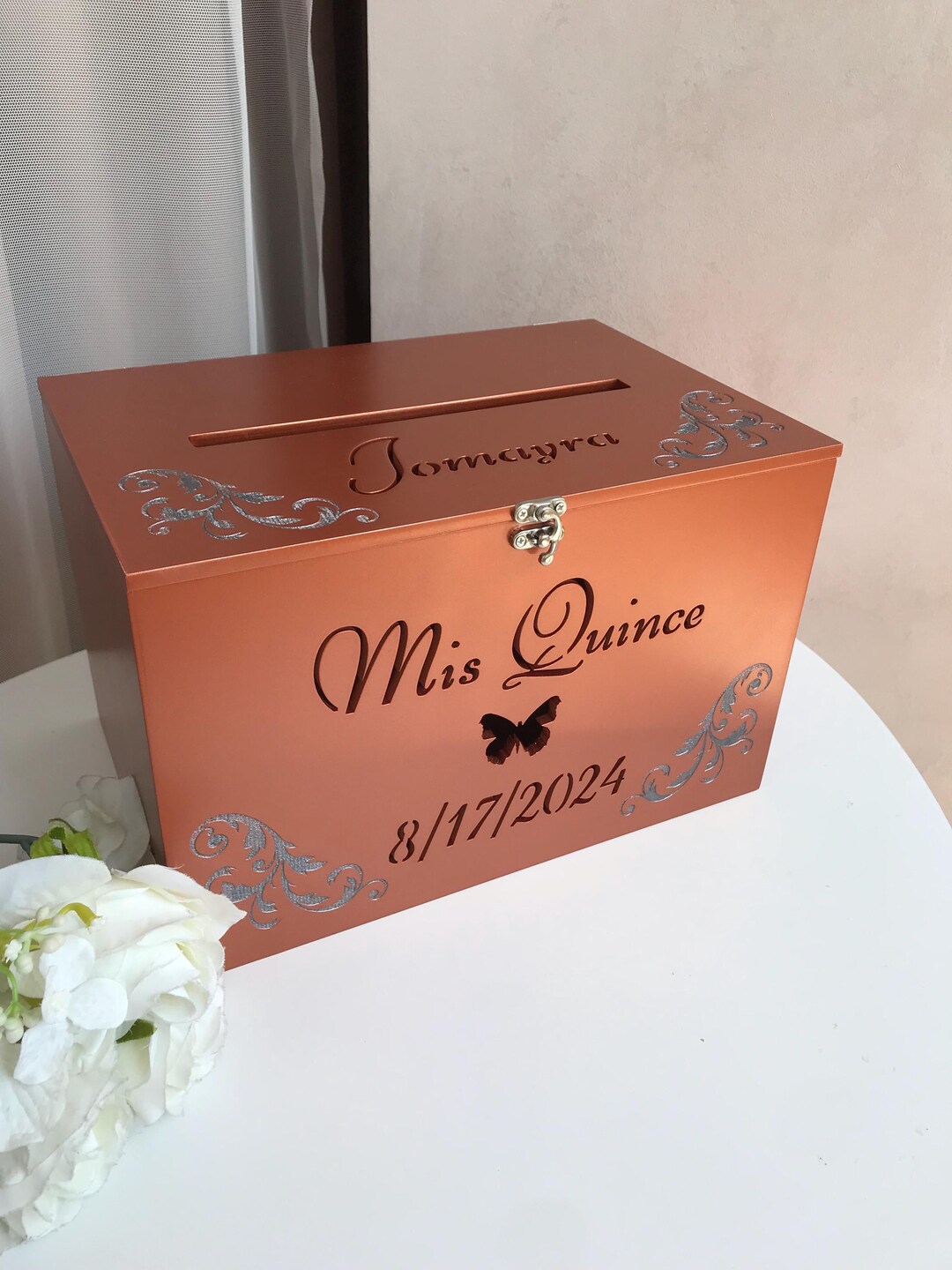 Rose Gold Quinceañera Card Box, Wooden Memory Box, Box With Slot ...