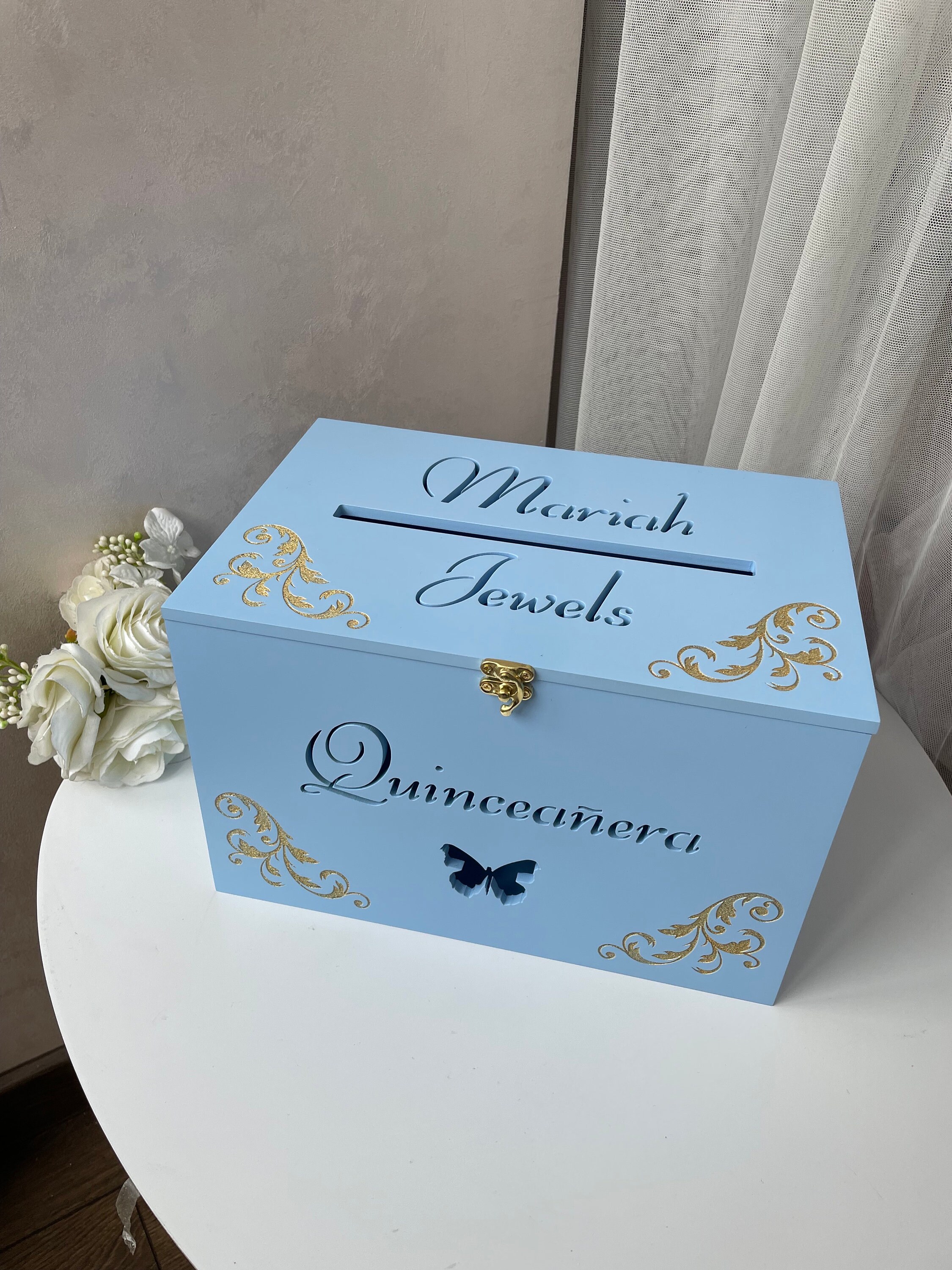 Light Blue Quinceañera Card Box, Personalized Quinceañera Gift Box ...
