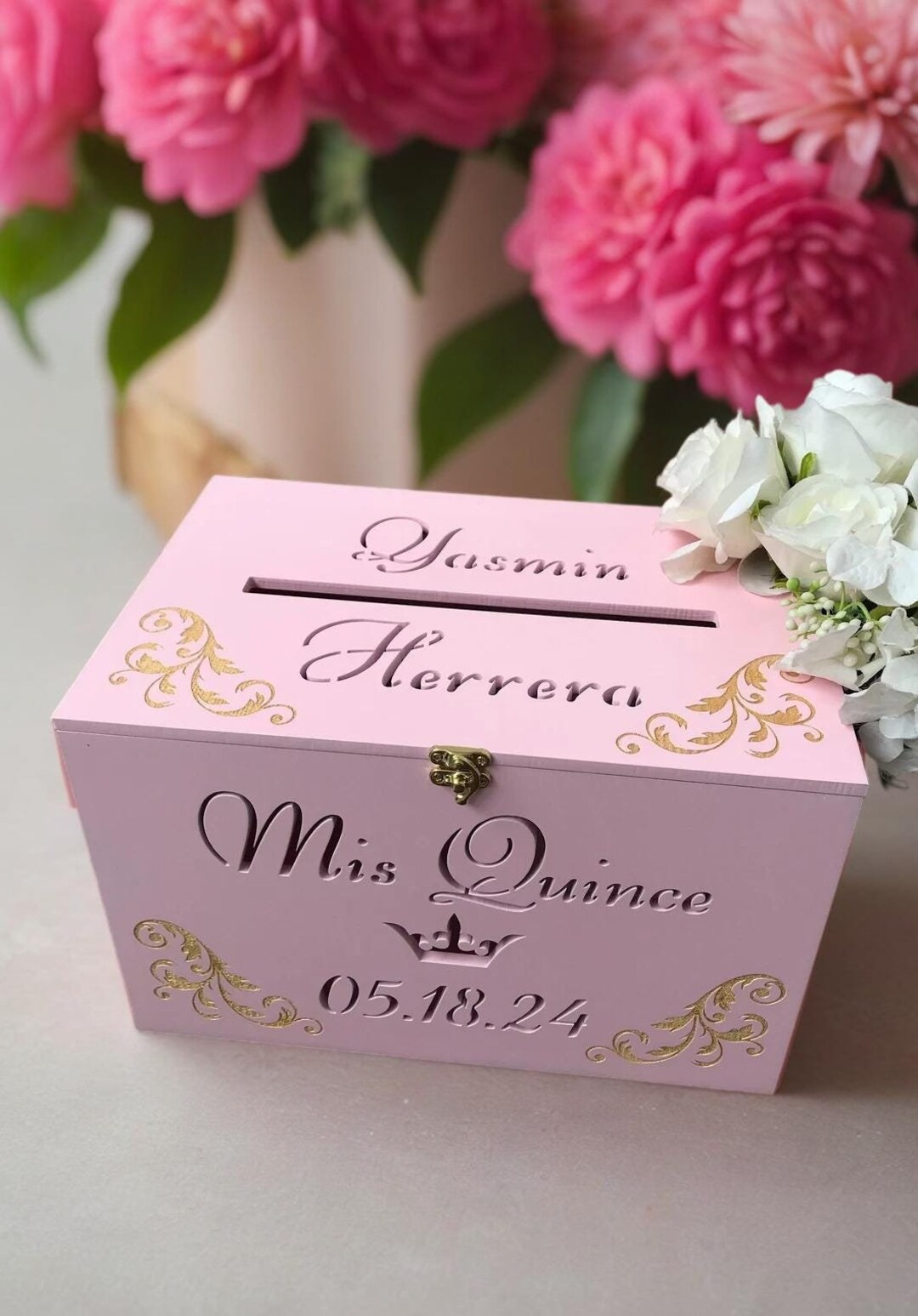 Pink Quinceañera Wooden Card Box, Quinceañera Decor, Card Box With Slot ...