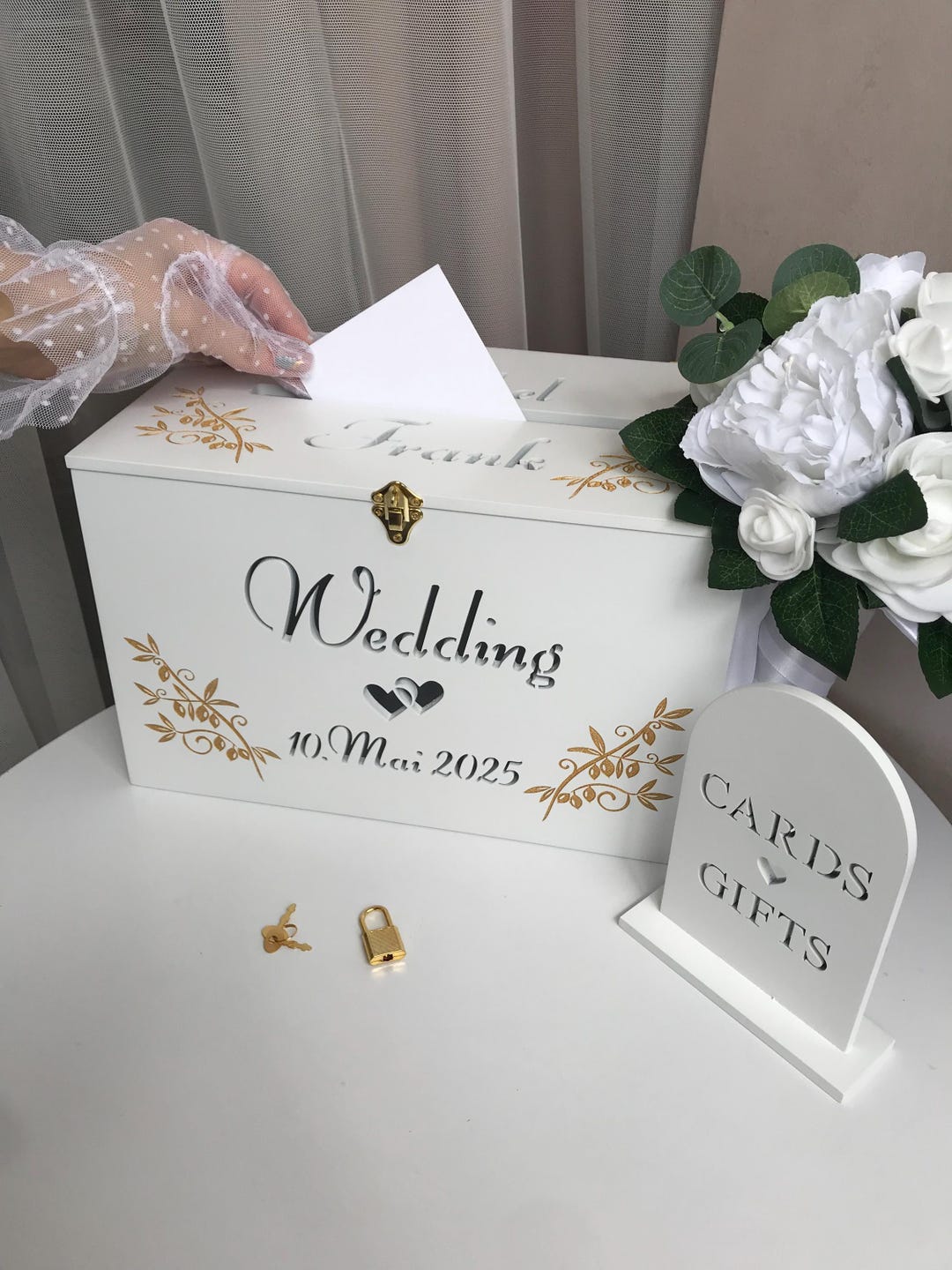 White Wedding Card Box With Wedding Sign and Wedding Bouquet ...