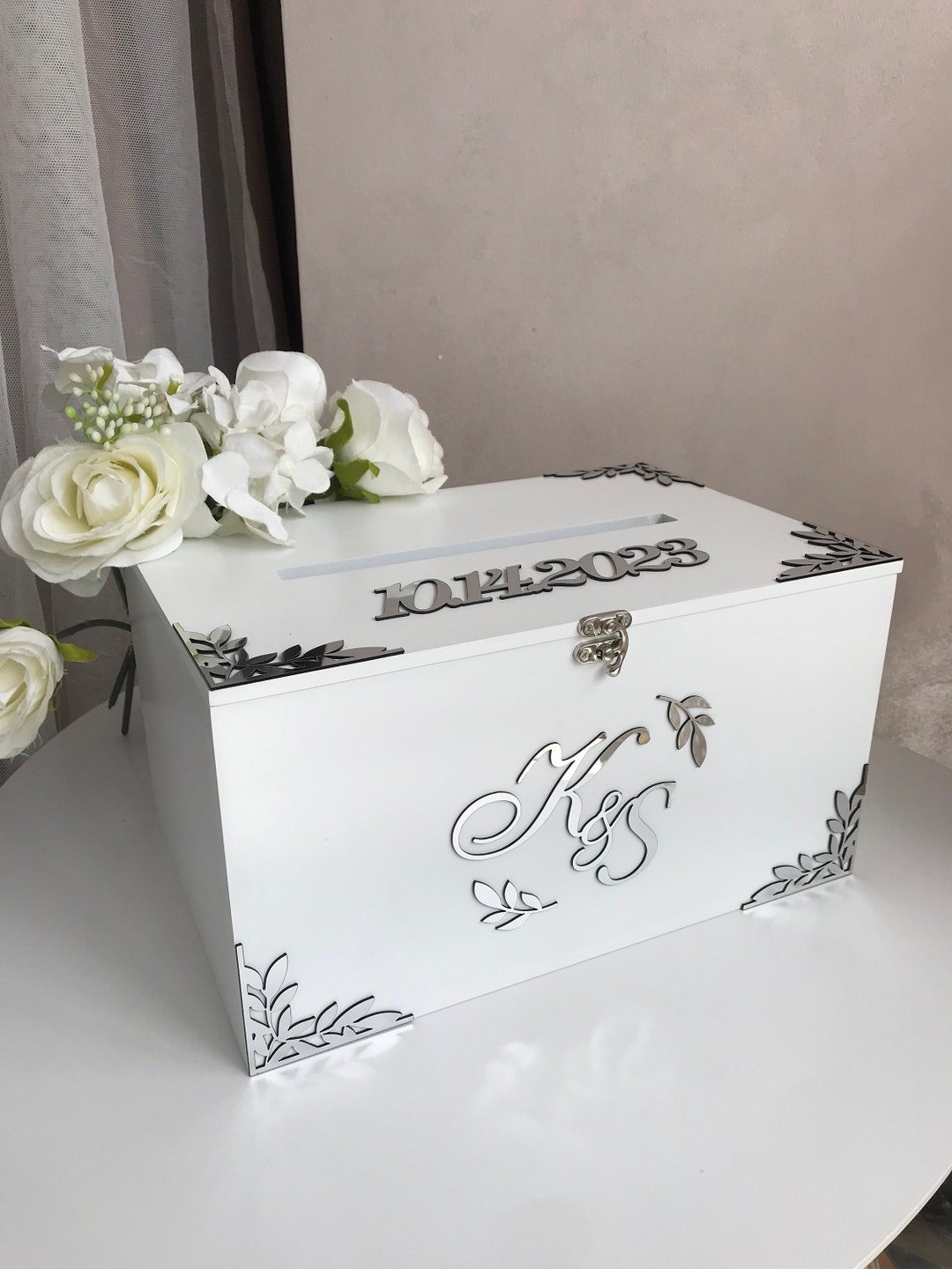 Personalised Wedding Silver Card Box, Boho Wedding Post Box, Wedding ...