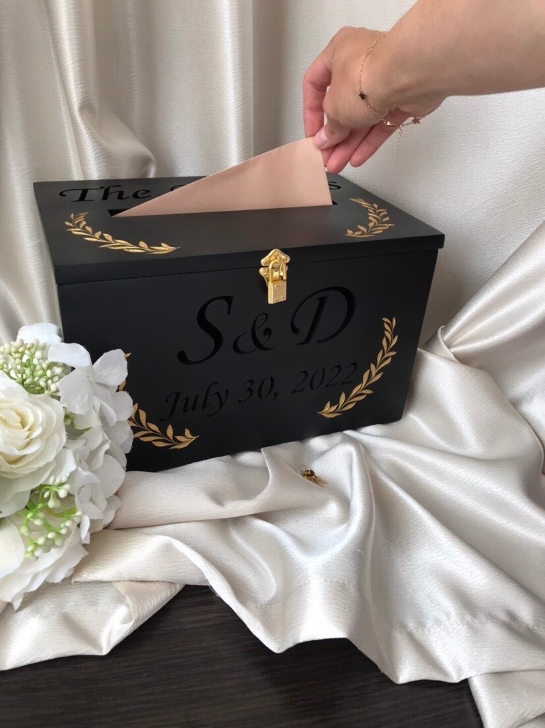 Personalised Wedding Black Card Box, Boho Wedding Post Box, Wedding ...