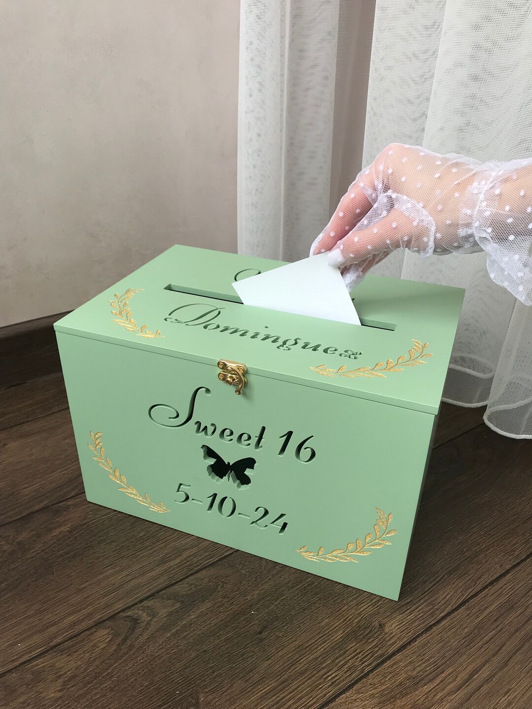 Personalised Quinceañera Sage Green Card Box, Boho Post Box, Money Box ...