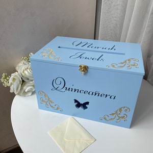 Personalised Quinceañera Blue Card Box, Boho Post Box, Money Box ...