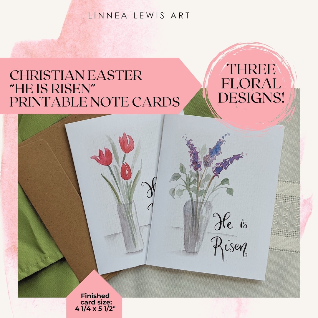 EASTER Note Cards, Print at Home, He is Risen, Watercolor Floral ...