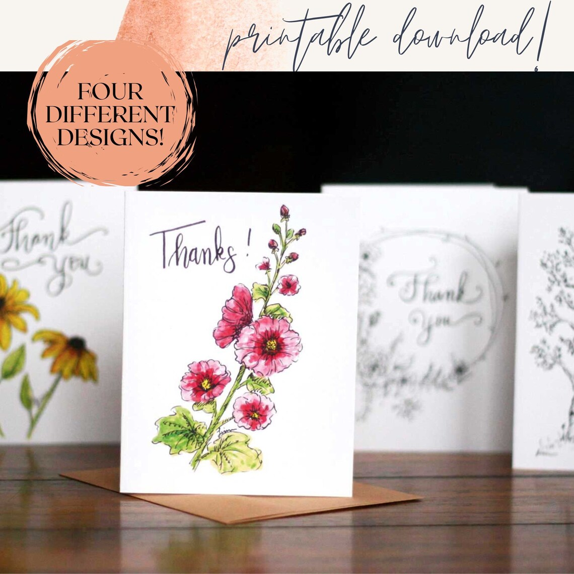 PRINTABLE Thank You Cards, Hollyhock, Black-eyed Susan, Floral Wreath ...