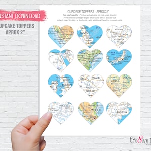Map Heart Cupcake Toppers: Travel Theme Party (instant Download) - Etsy