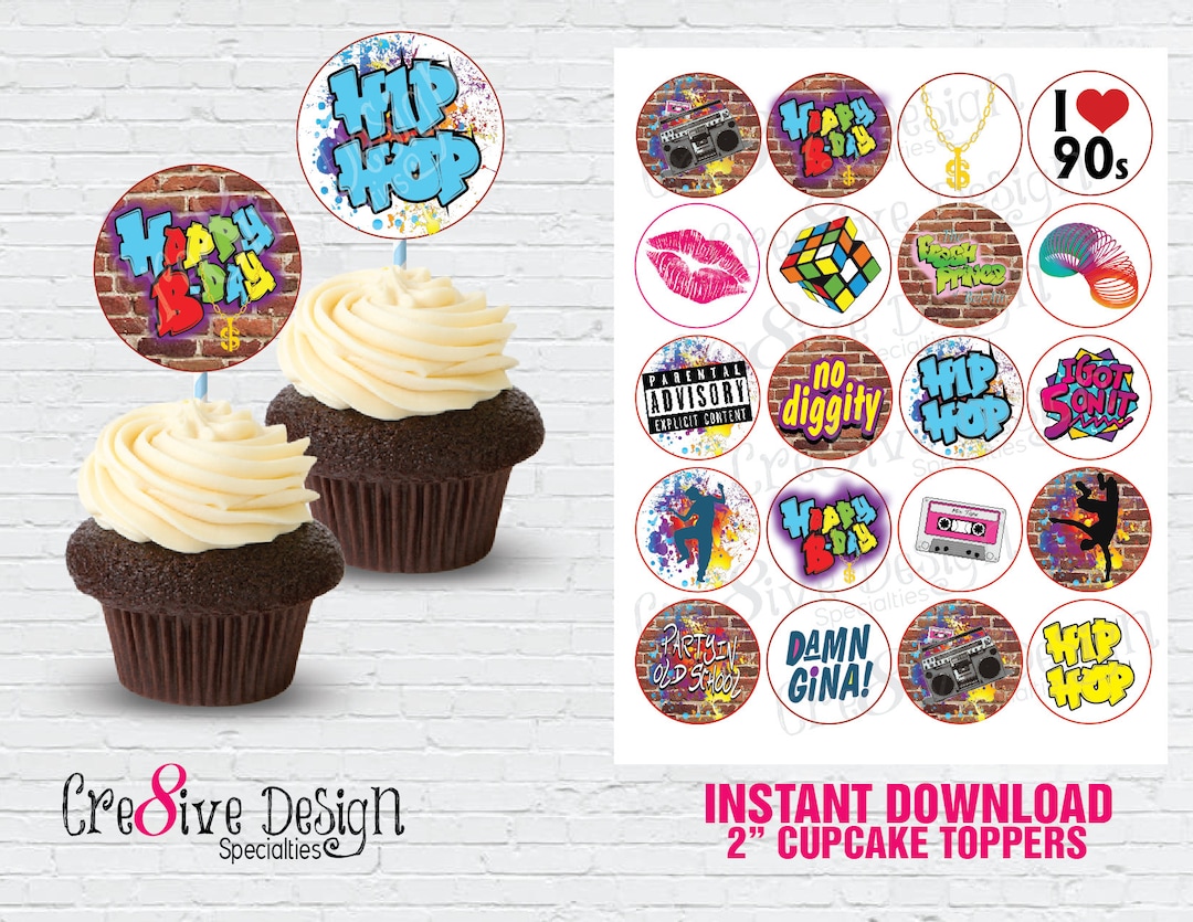 90s Cupcake Toppers, 90s Hip Hop Cupcake Toppers, 90s Hip Hop Party ...
