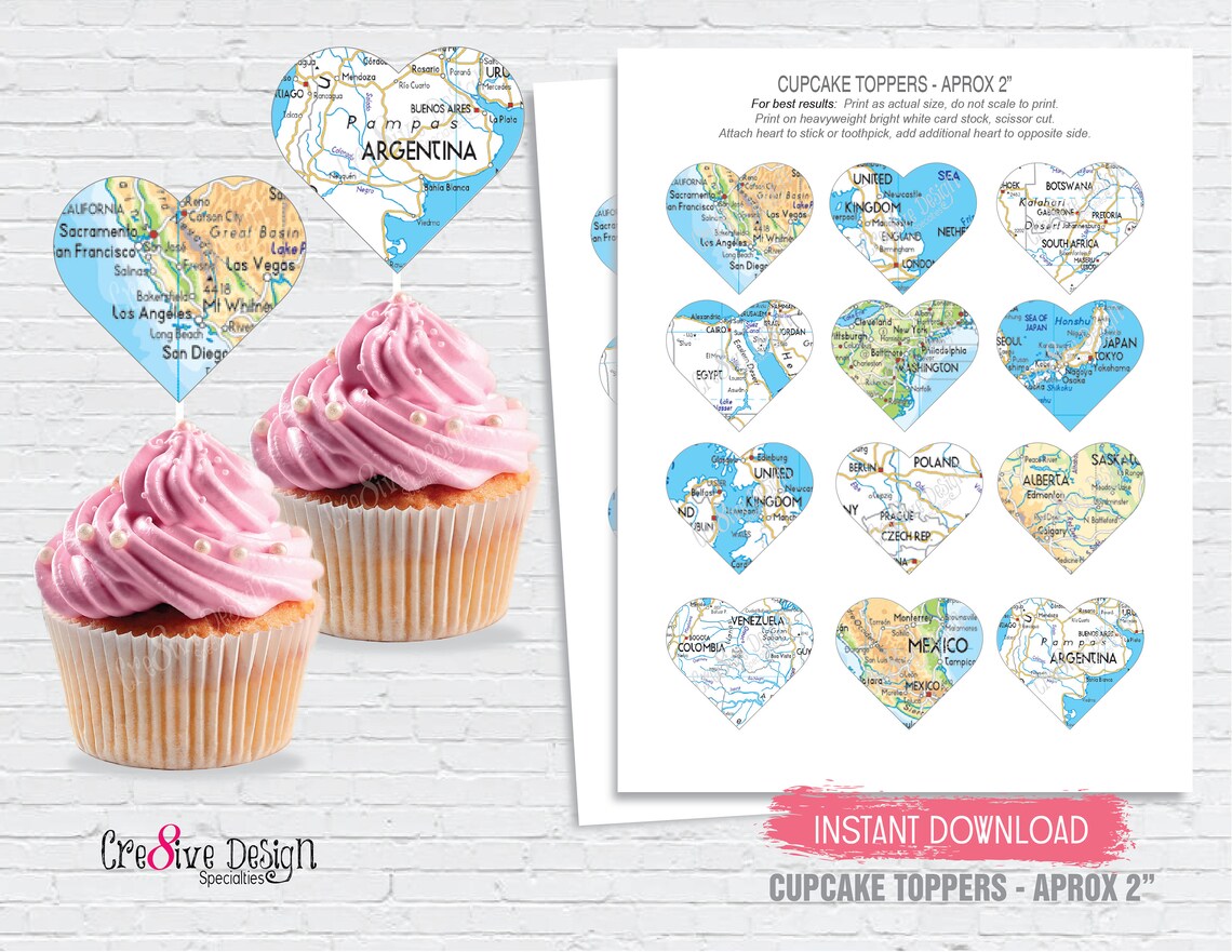 Map Heart Cupcake Toppers: Travel Theme Party (instant Download) - Etsy