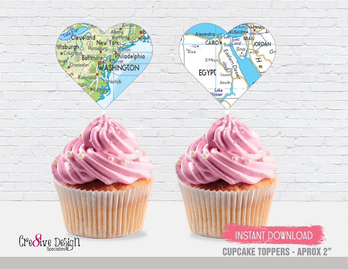Map Heart Cupcake Toppers: Travel Theme Party (instant Download) - Etsy