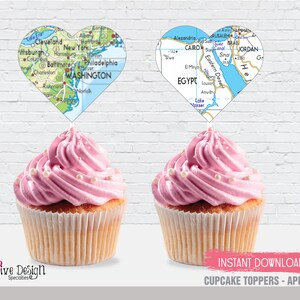 Map Heart Cupcake Toppers: Travel Theme Party (instant Download) - Etsy