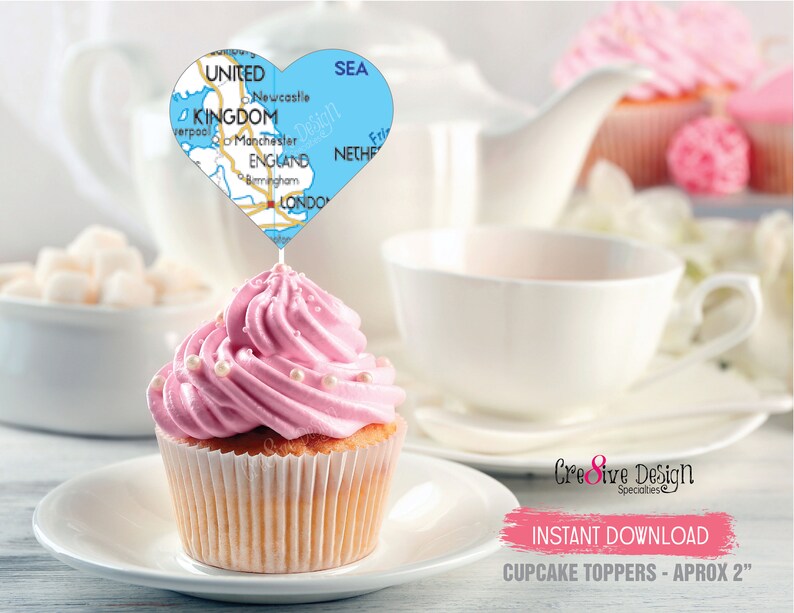 Map Heart Cupcake Toppers: Travel Theme Party (instant Download) - Etsy