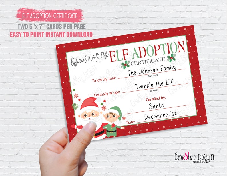 Elf Adoption Certificate Printable Adopt an Elf Letter Elf - Etsy