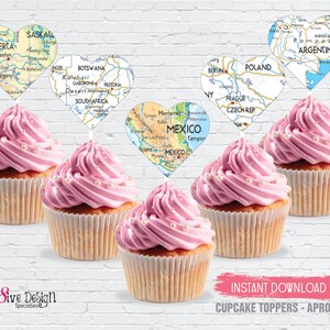 Map Heart Cupcake Toppers: Travel Theme Party (instant Download) - Etsy