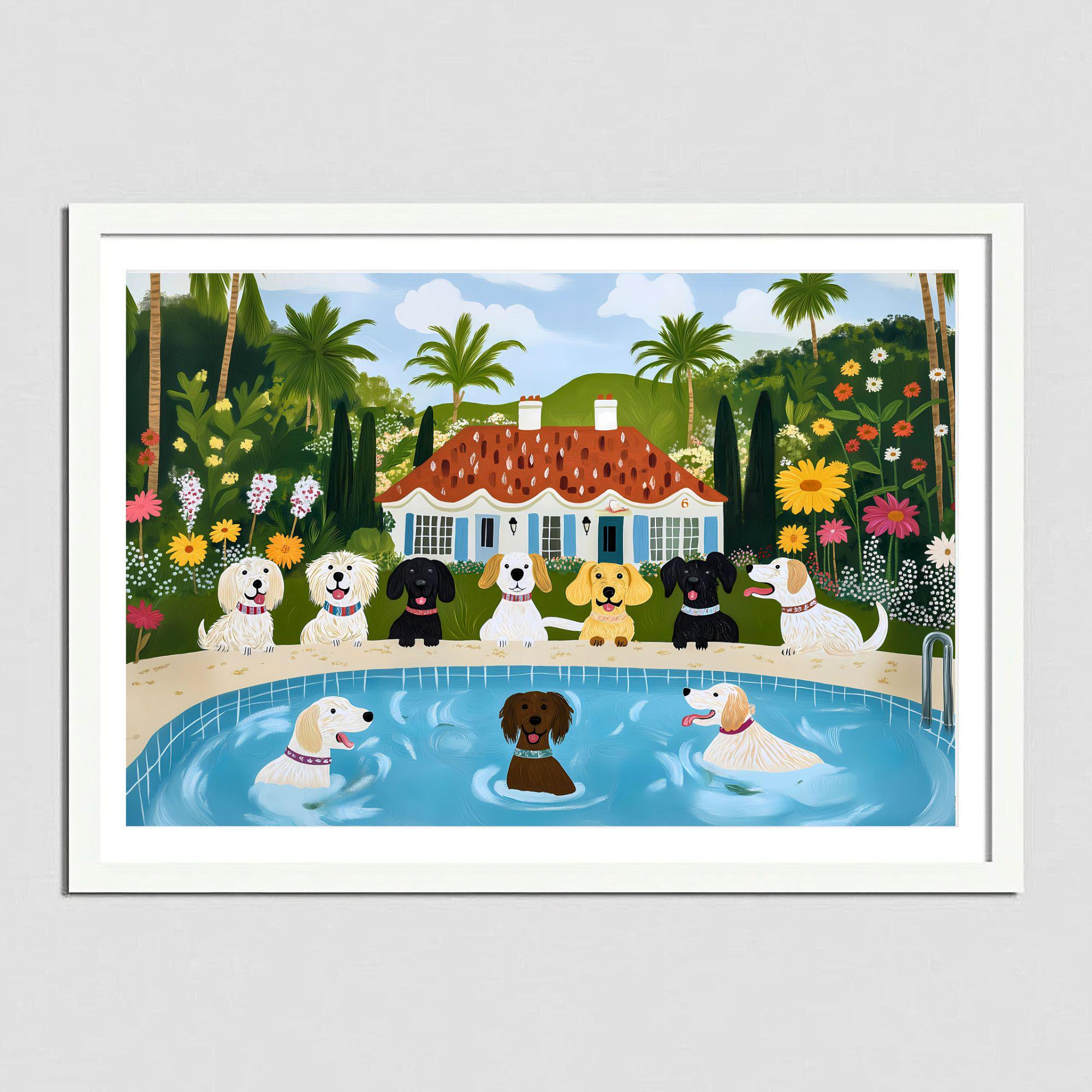 Playful Dogs Pool Party Digital Wall Art, Colorful Summer Illustration of Dogs by the Pool ...