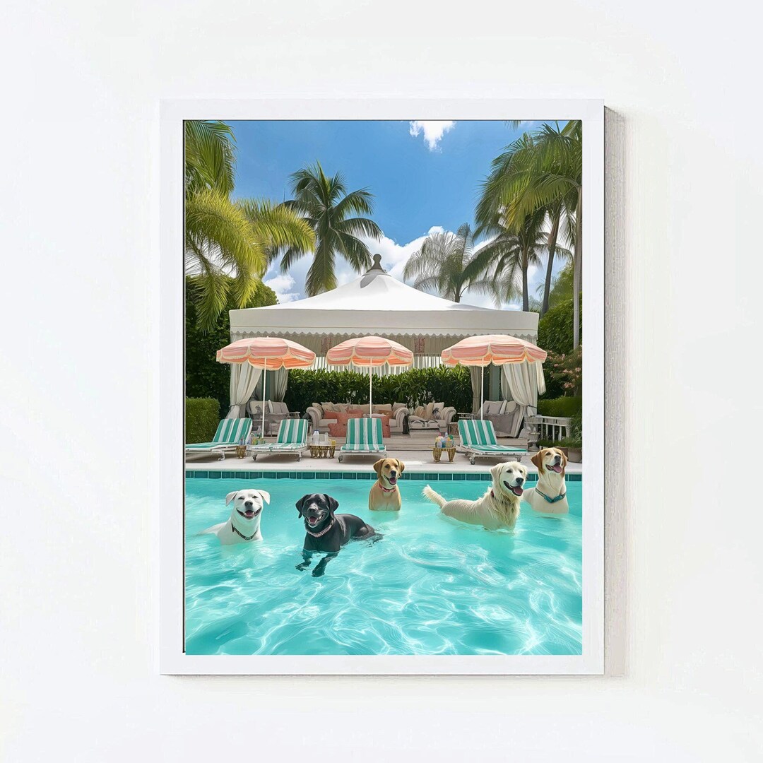Buy Playful Dogs Pool Party Digital Wall Art, Colorful Summer ...