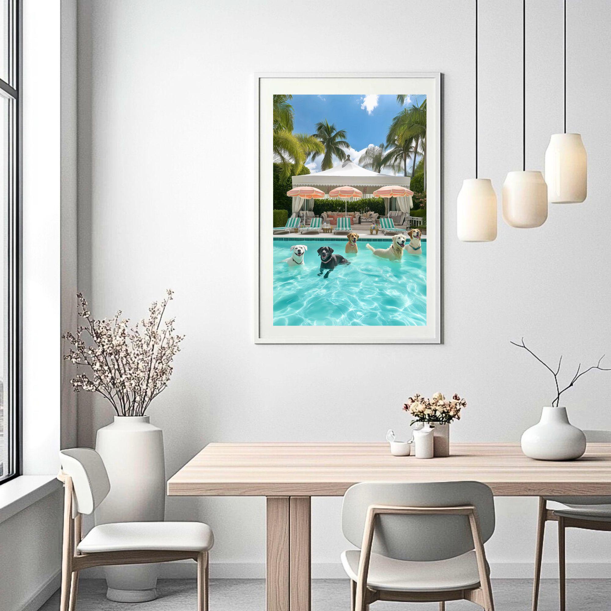 Playful Dogs Pool Party Digital Wall Art, Colorful Summer Illustration ...