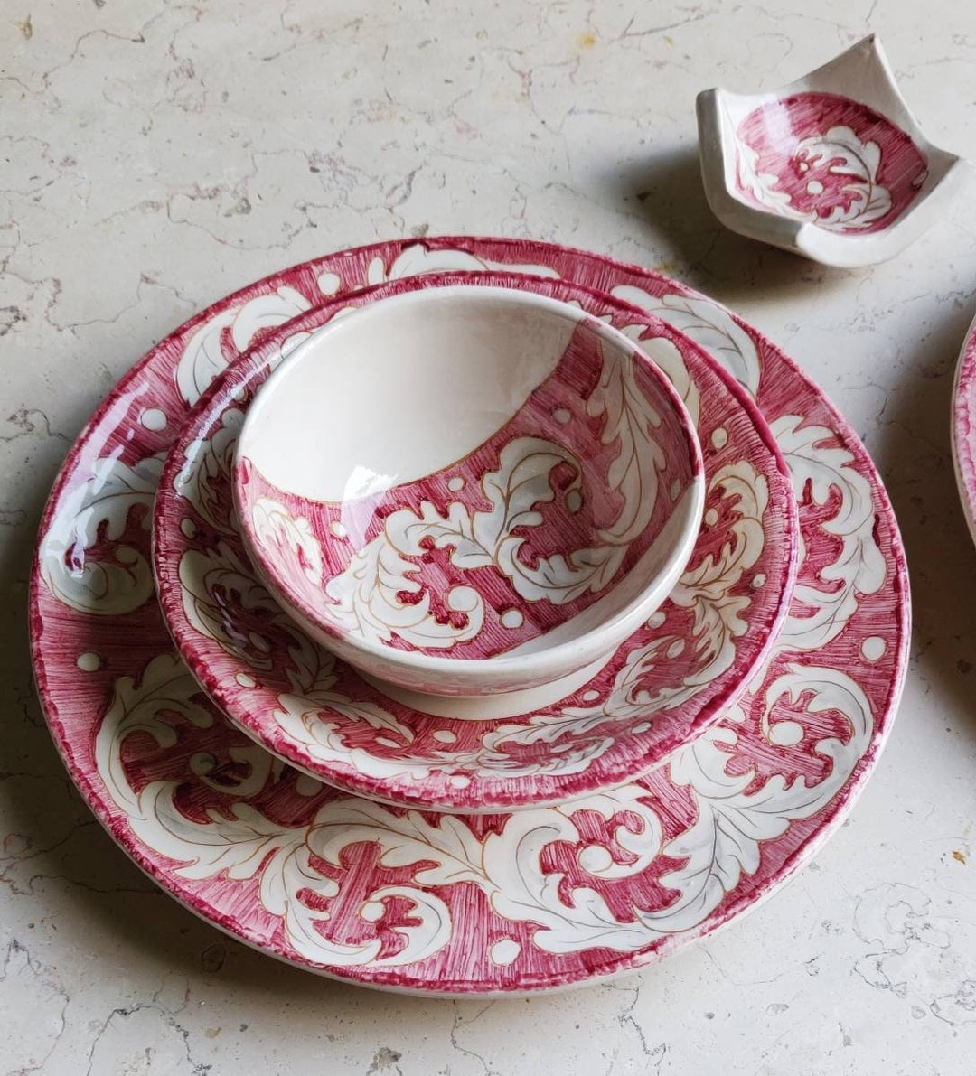 Ceramic Dinner Set for Two, Burgundy Service Leaf Decoration, Set for ...
