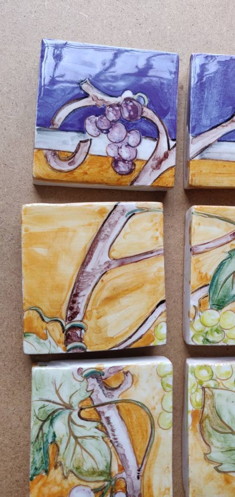 Handmade Ceramic Tile Mosaic Panel, Grapes and Vine Painted on Ceramic ...