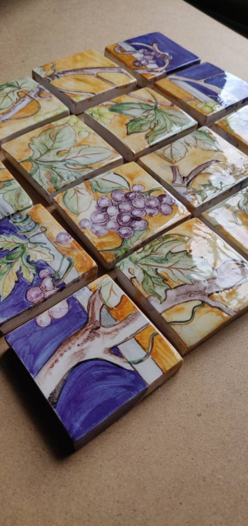 Handmade Ceramic Tile Mosaic Panel, Grapes and Vine Painted on Ceramic ...