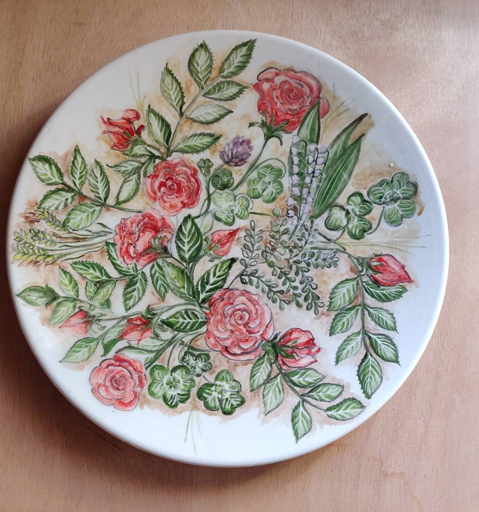 Ceramic Wall Plate With Roses and Buds, Painted Plate Spring Summer ...