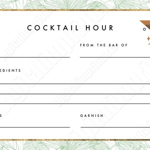 Cocktail Recipe Card, Printable Modern Recipe Card, Bar Drink Recipe ...