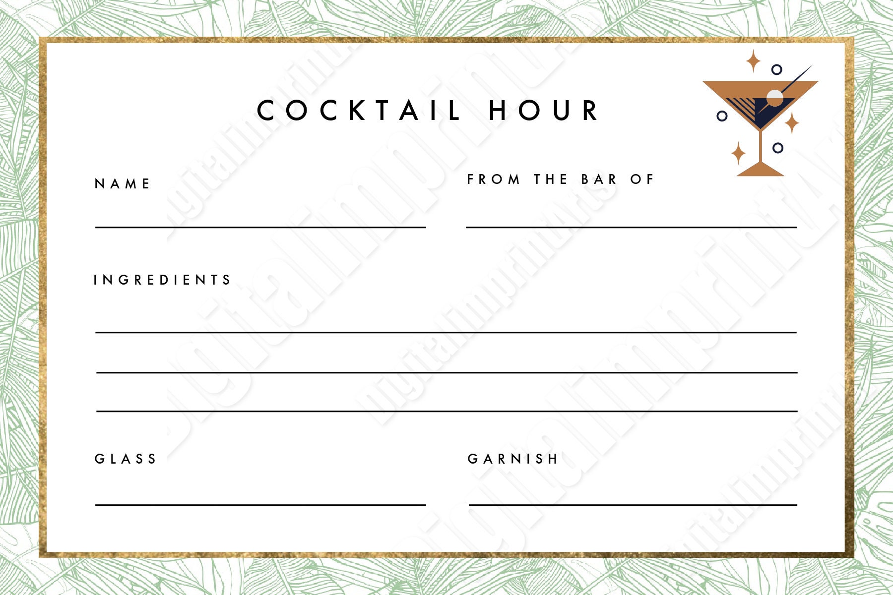 Cocktail Recipe Card, Printable Modern Recipe Card, Bar Drink Recipe ...