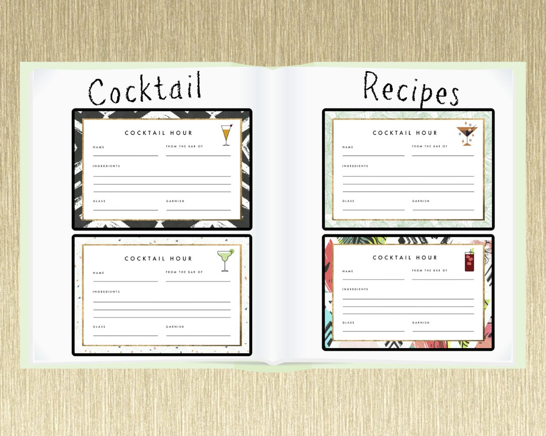 Cocktail Recipe Card, Printable Modern Recipe Card, Bar Drink Recipe ...