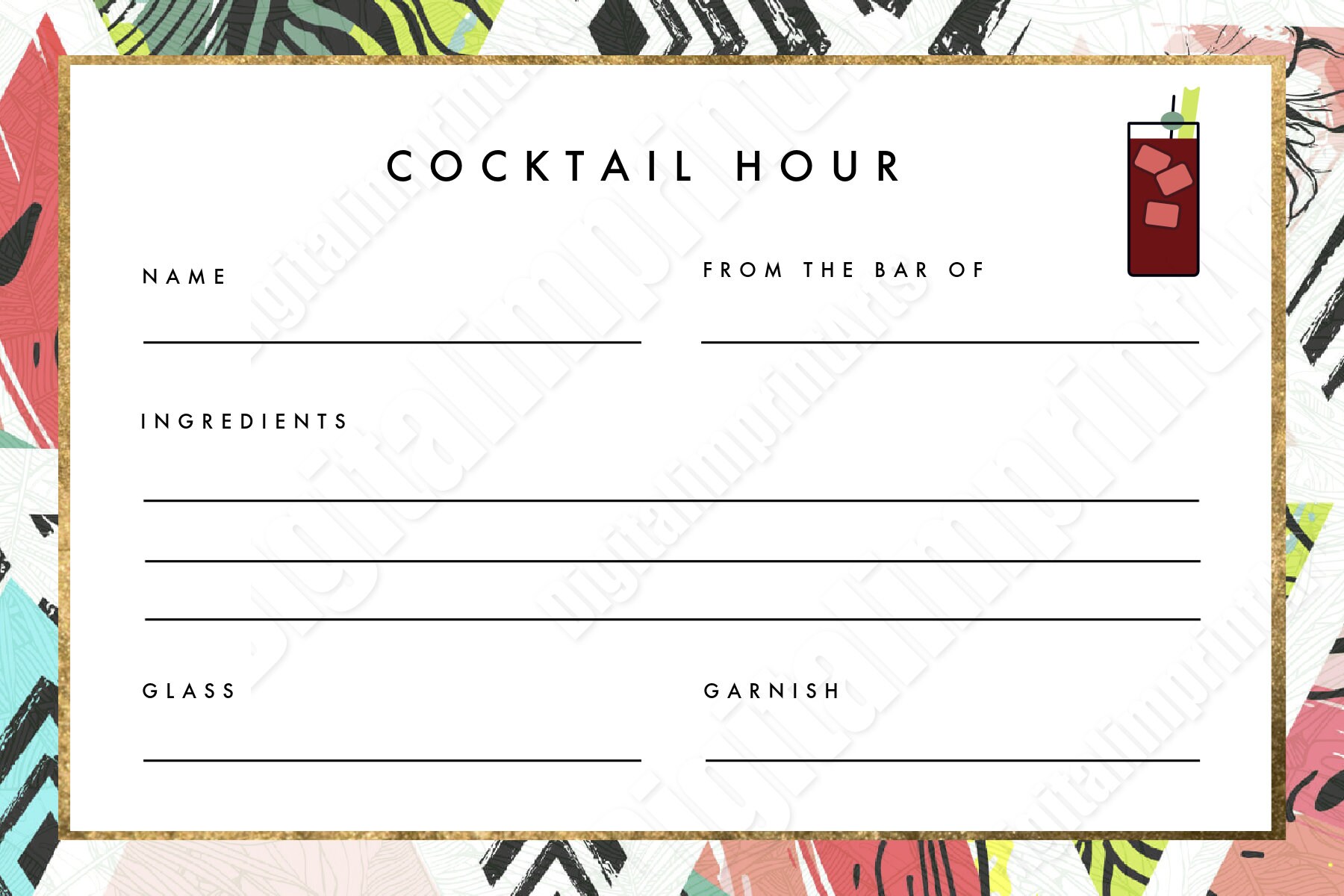 Cocktail Recipe Card, Printable Modern Recipe Card, Bar Drink Recipe ...