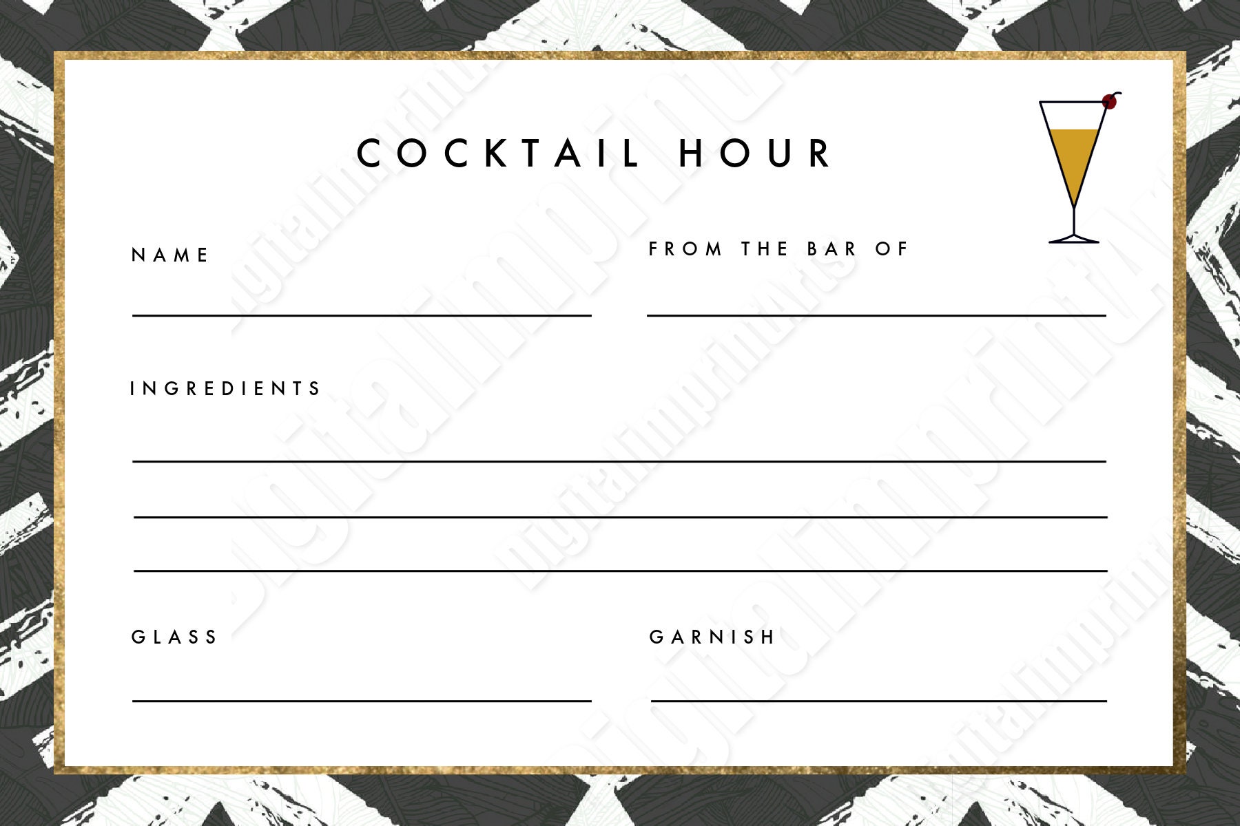 Cocktail Recipe Card, Printable Modern Recipe Card, Bar Drink Recipe ...