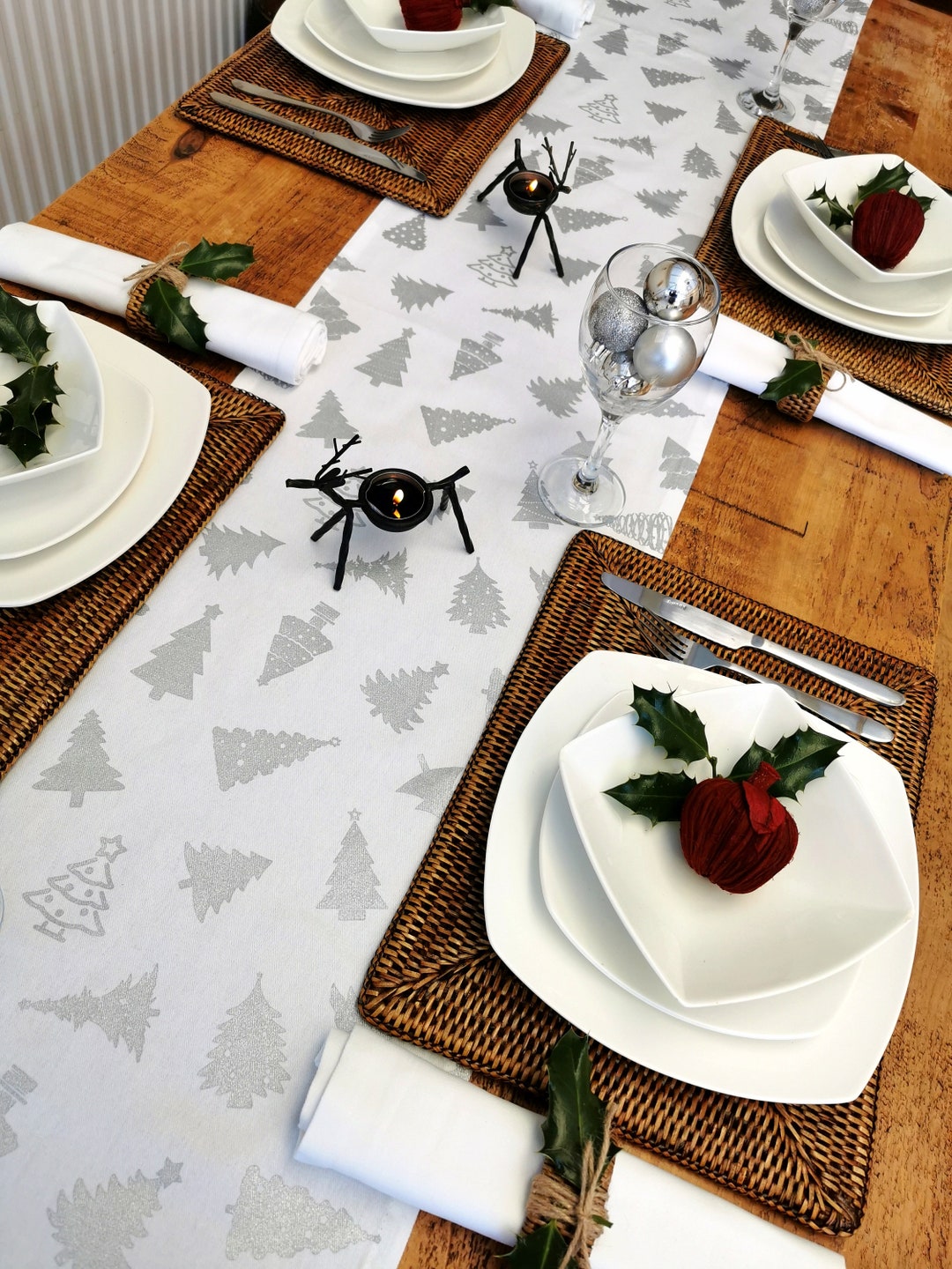 White & Silver Christmas Tree Table Runner - Etsy UK