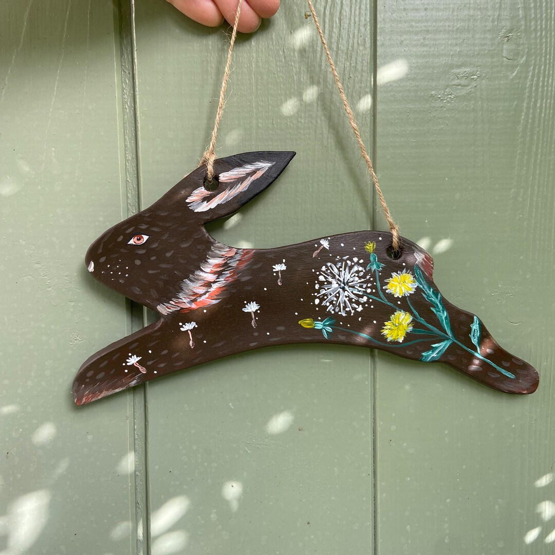 Hand Painted Clay Hare Rabbit, Folk Art Hare Wall Hanging, Hanging Wall ...