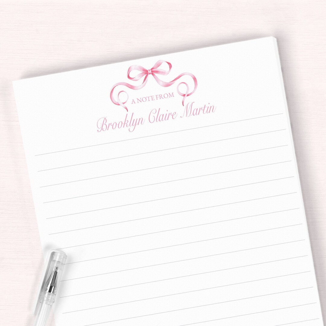 Personalized Watercolor Pink Bow Notepad, Personalized Notepad for Kids ...
