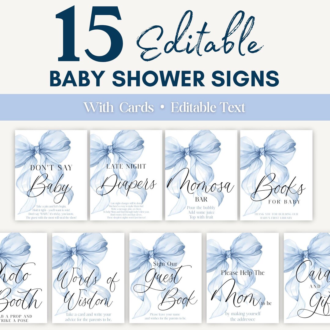 Blue Bow Baby Shower Signs: Printable 15-set for Boys’ Party B101 - Etsy