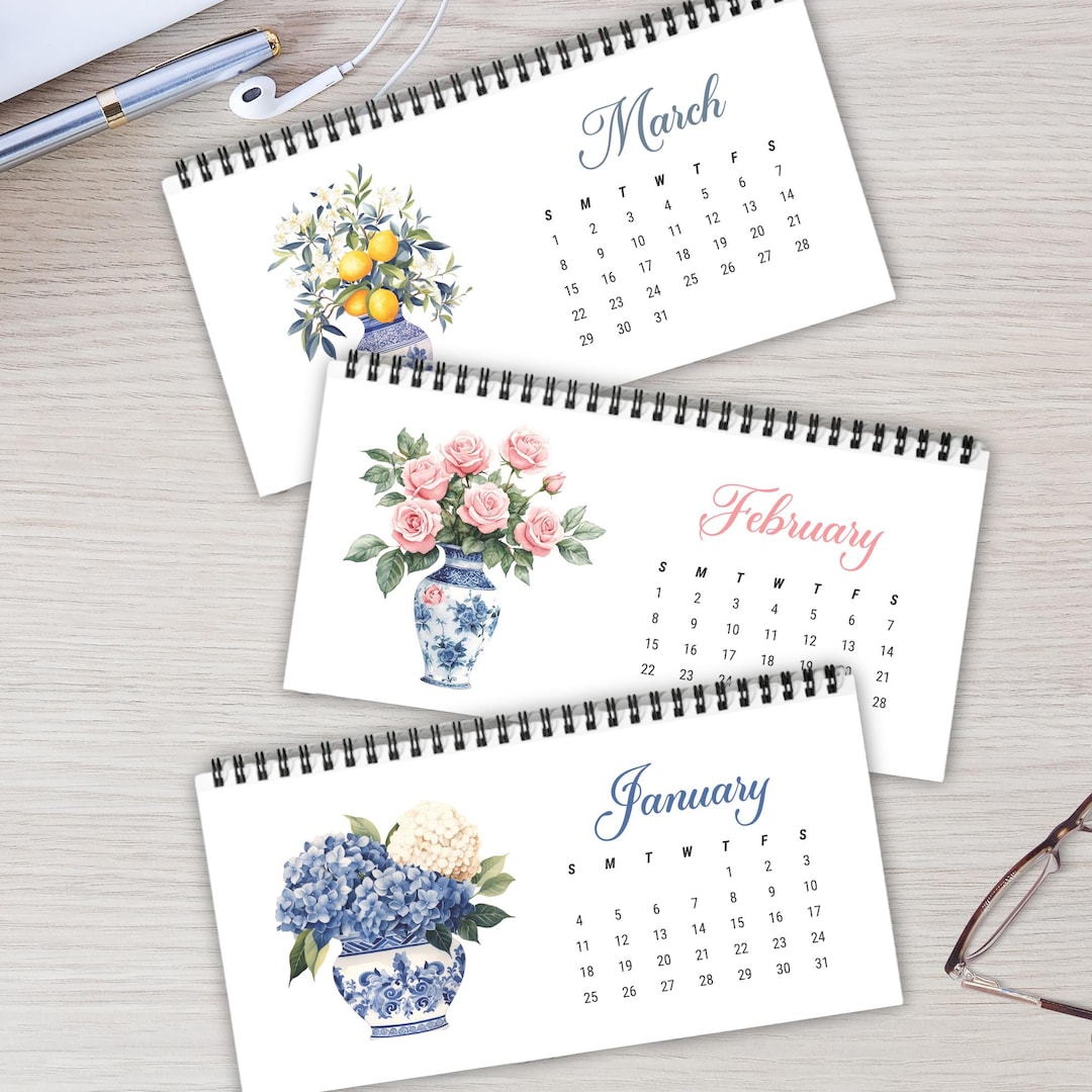 2026 Spiral Desktop Calendar | Chinoiserie Vibe | Blue White Vase - Etsy