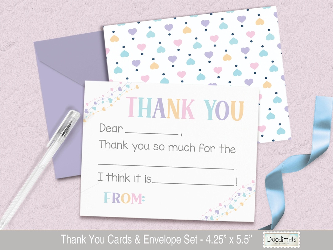 Rainbow Heart Thank You Cards | Fill in the Blank Thank You Children ...