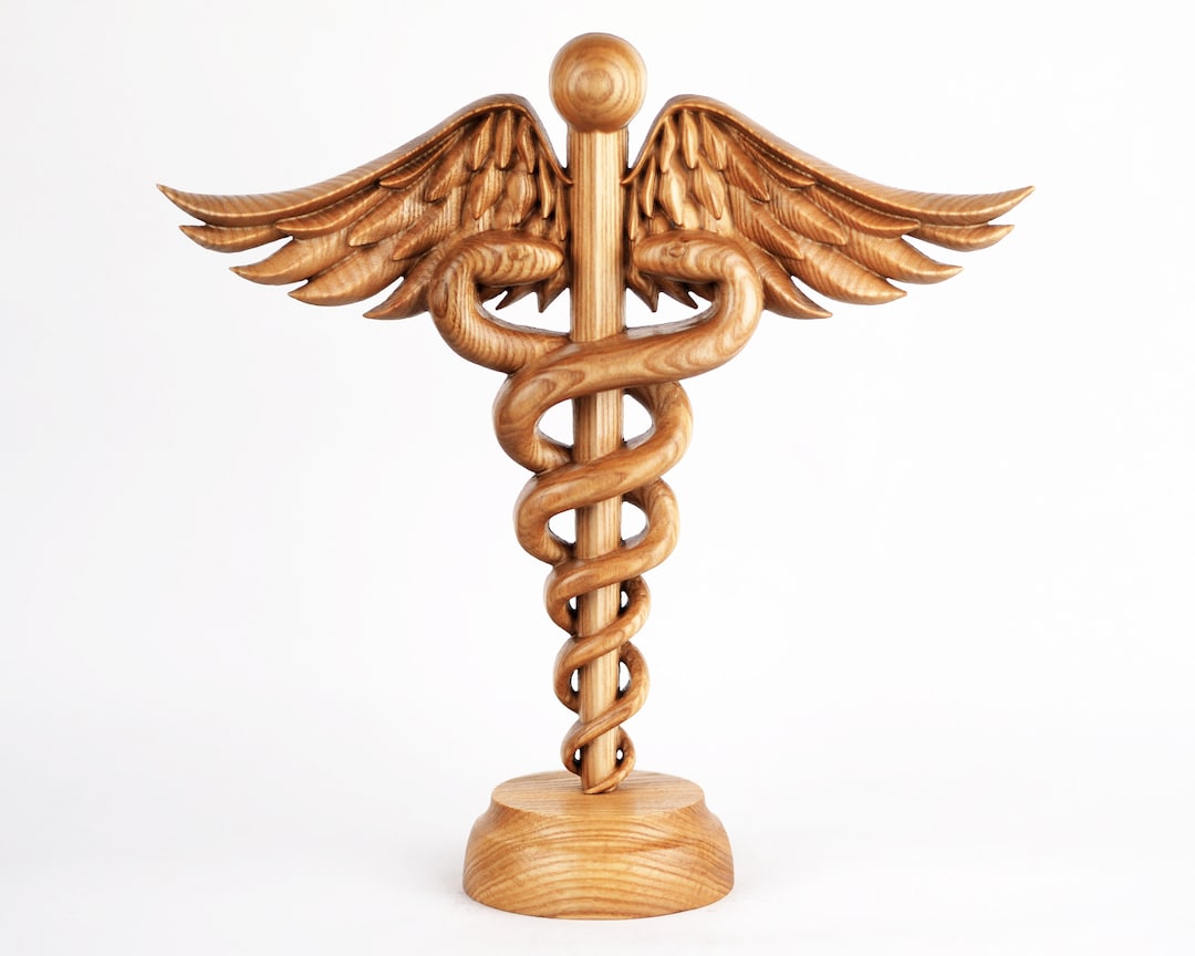 Caduceus Sculpture, 12" Medical Symbol Statue, Hand Carved Handmade ...