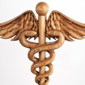 Caduceus Sculpture, 12" Medical Symbol Statue, Hand Carved Handmade ...