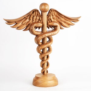 Caduceus Sculpture, 12" Medical Symbol Statue, Hand Carved Handmade ...