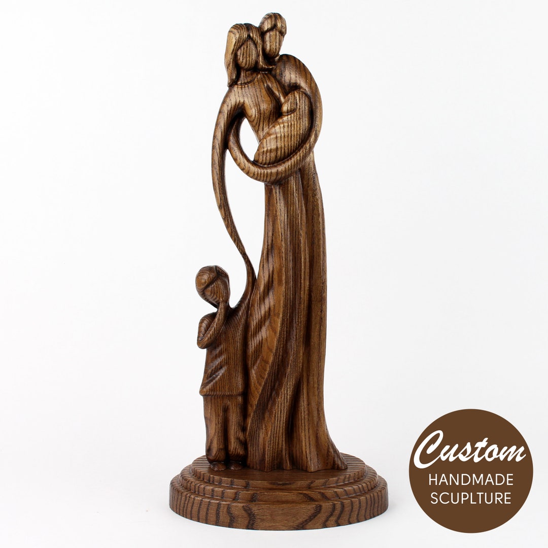 Son and Daughter, Mother and Baby Sculpture, Wooden Statue, Newborn ...