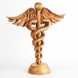 Caduceus Sculpture, 12" Medical Symbol Statue, Hand Carved Handmade ...